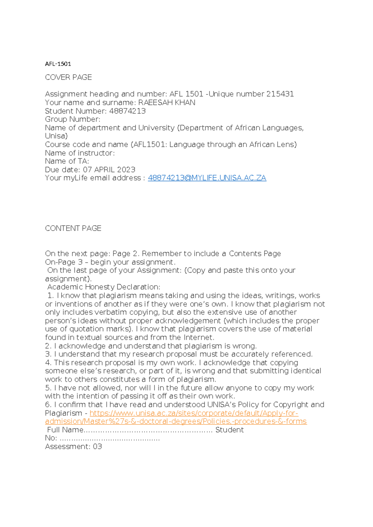AFL1501 Assignment 3 - AFL- COVER PAGE Assignment heading and number: AFL 1501 -Unique number ...