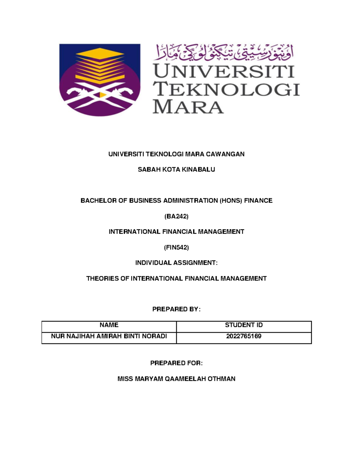 FIN542 Individual Assignment NUR Najihah Amirah Binti Noradi Group 2 ...