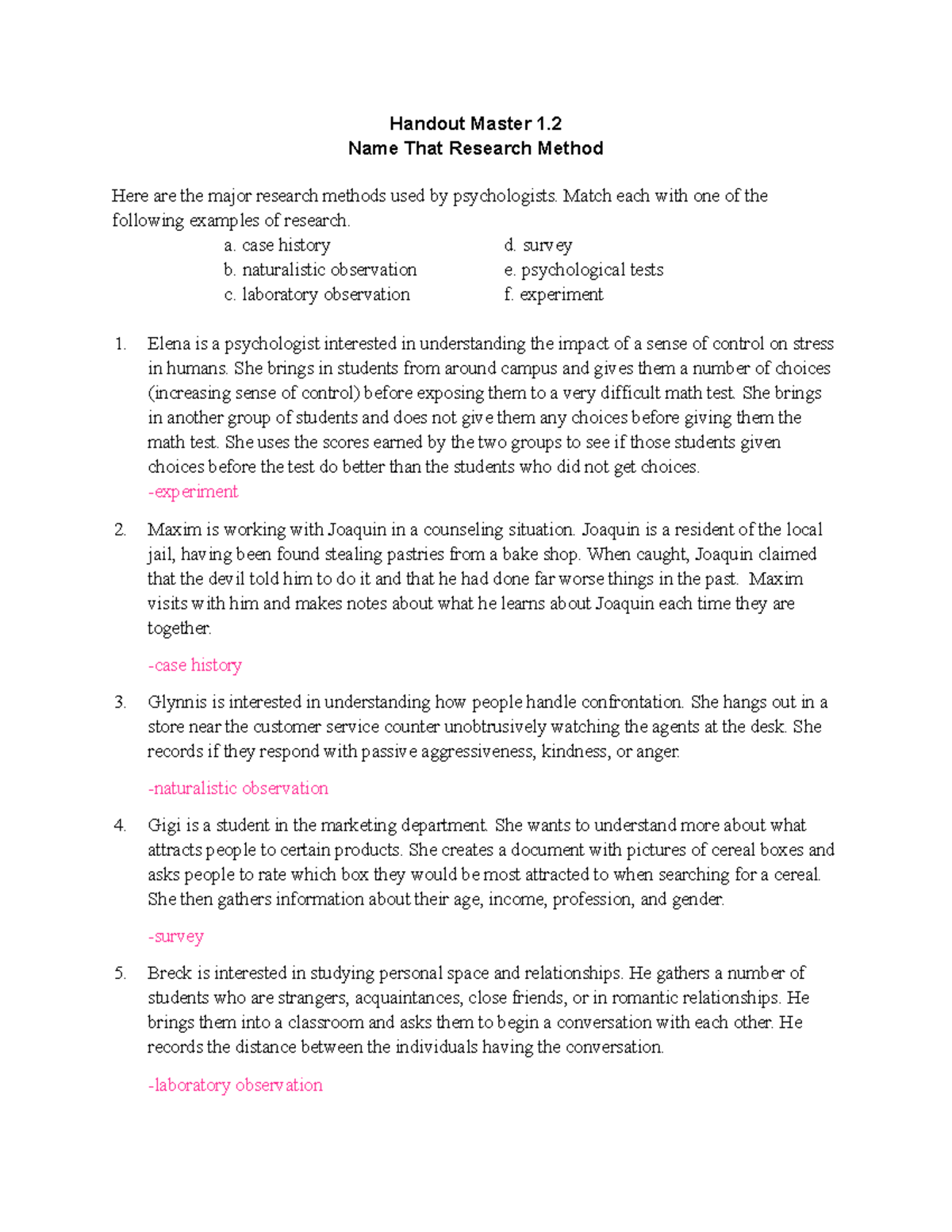Handout 1.2 Name That Research Method - Handout Master 1. Name That ...