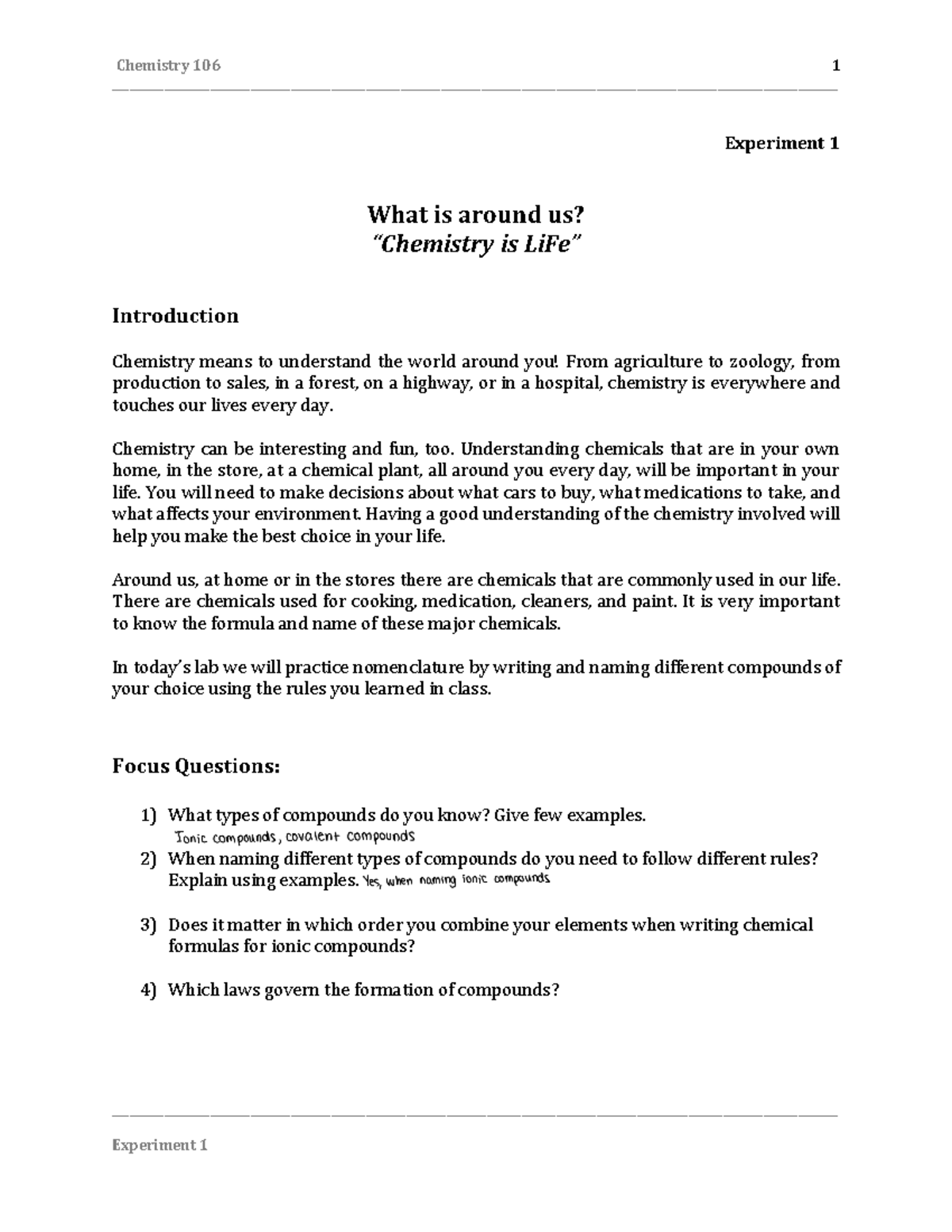 Lab 1 - General chemistry lab 1 Experiment 1 - Experiment 1 What is ...