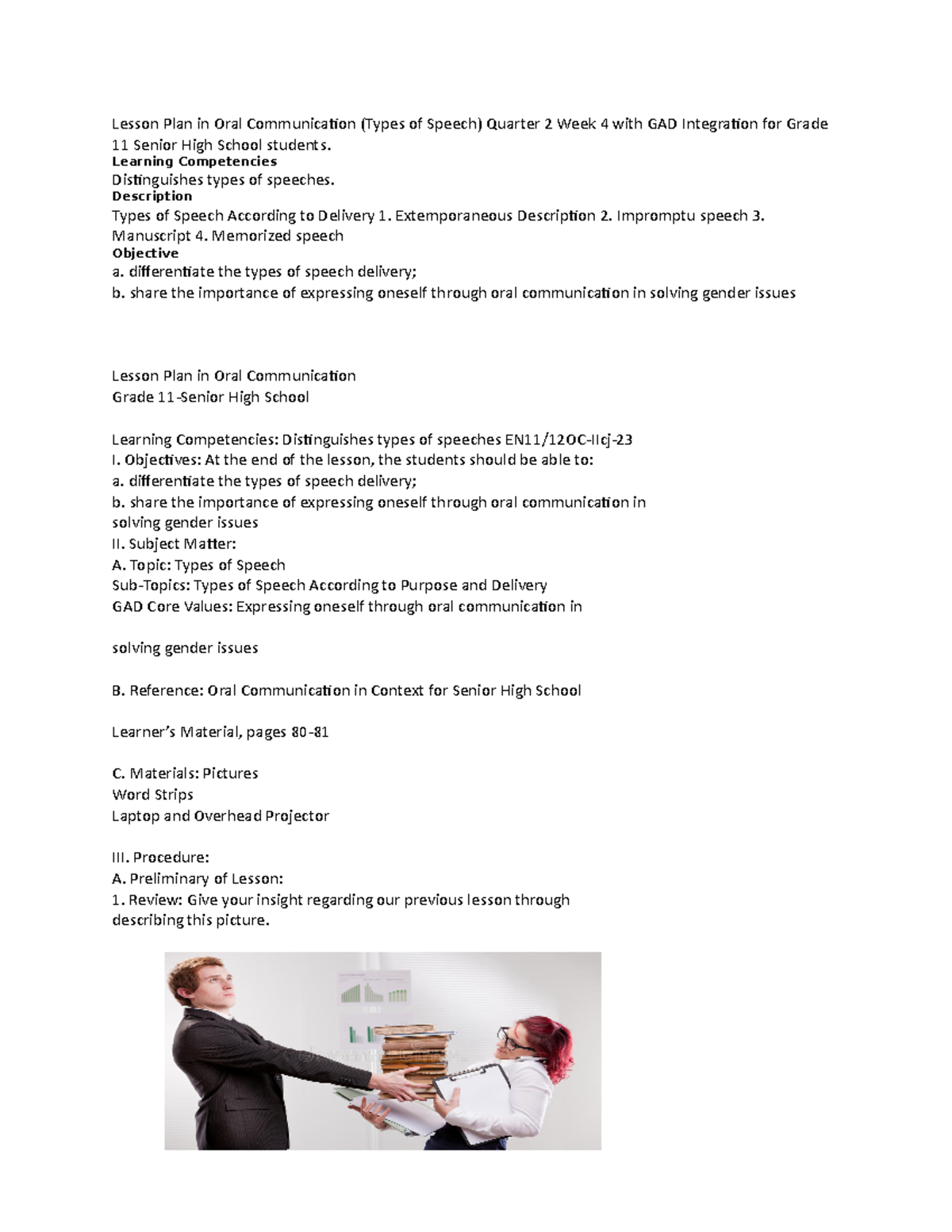 Lesson Plan in Oral Communication - Learning Competencies Distinguishes ...