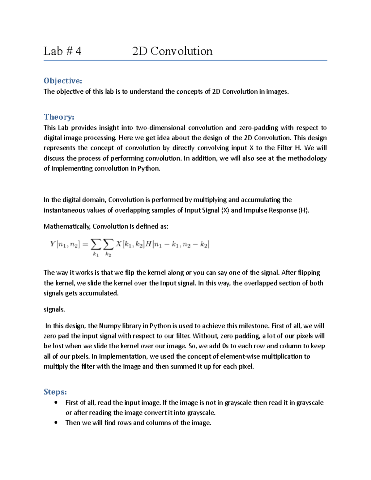 Lab Manual# 4 - Lab # 4 2D Convolution Objective: The objective of this ...