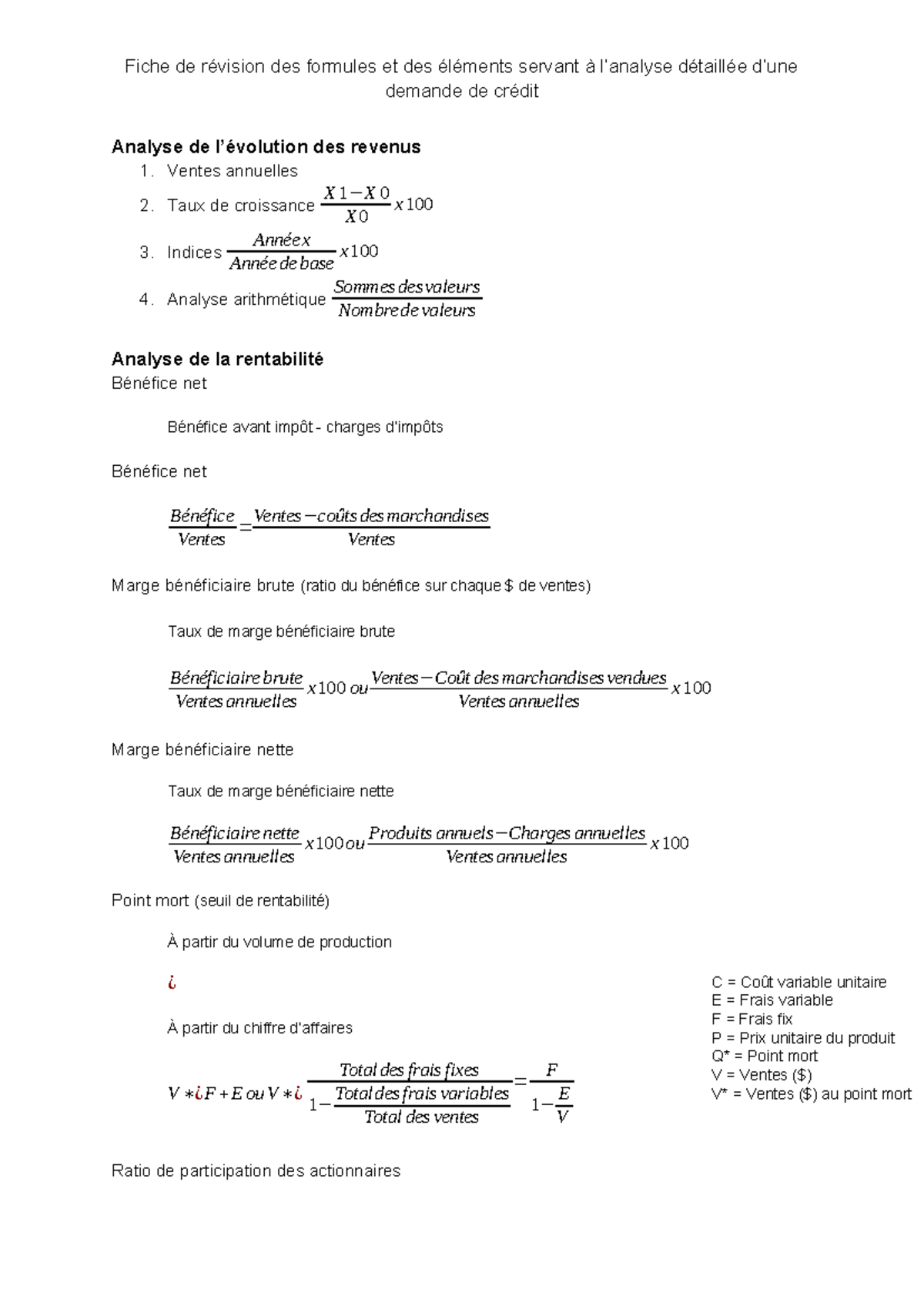 Fiche de révision des formules - C = Coût variable unitaire E = Frais ...