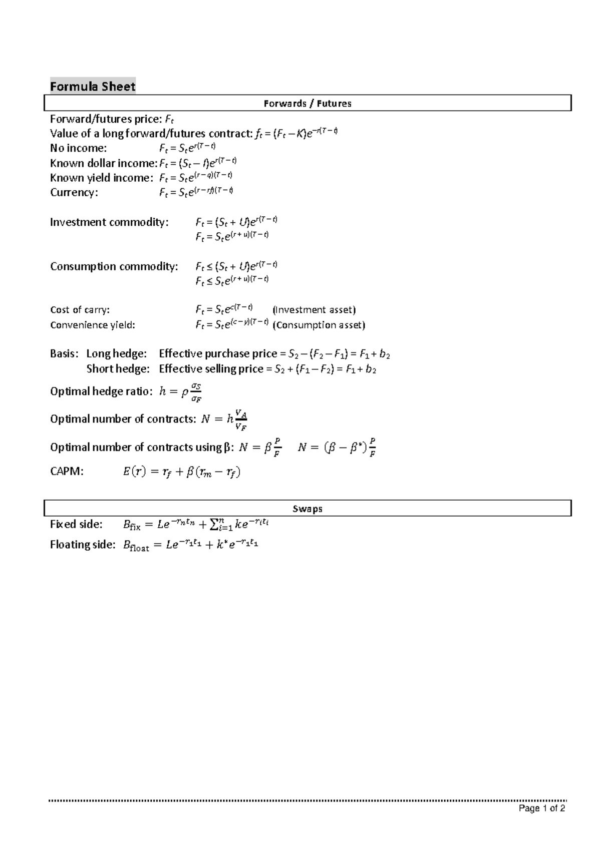 25620 Quiz Formulae Sheet - Page 1 of 2 Formula Sheet Forwards ...