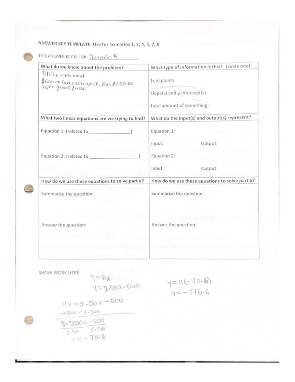 Answer KEY Template Use for Scenarios 1, 2, 4, 5, 7, 8 - MATH 1310 ...