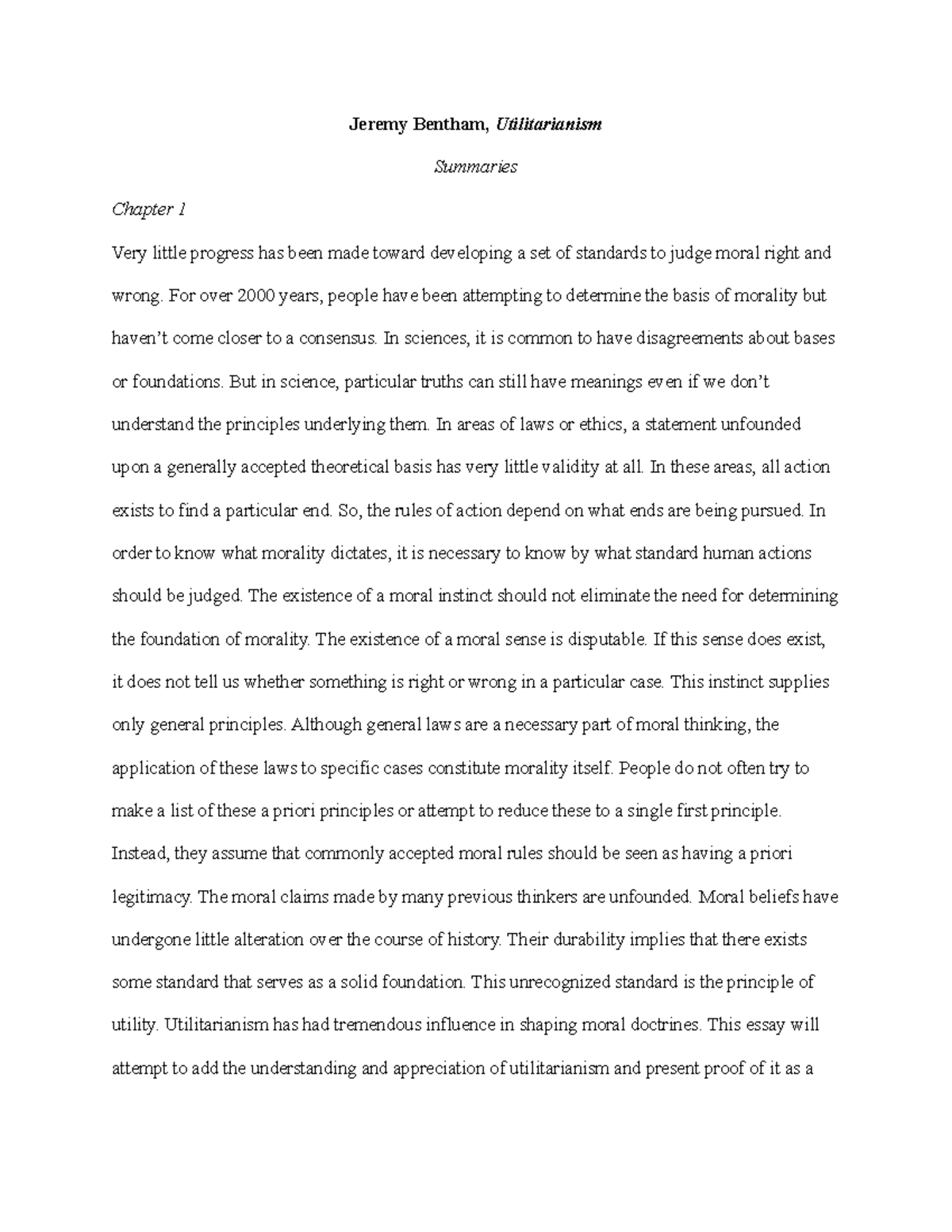 Jeremy Bentham - Summaries and Class Reflection Summaries on the ...