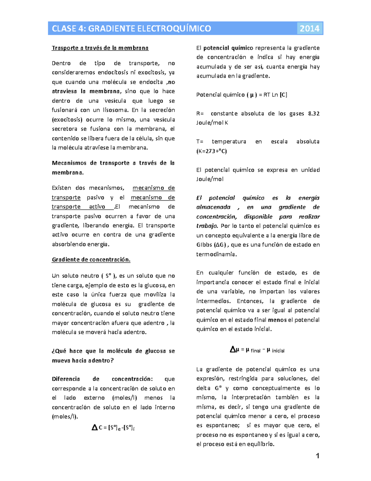 4. Gradiente Electroquímico - Fisiología I - Trasporte a través de la ...