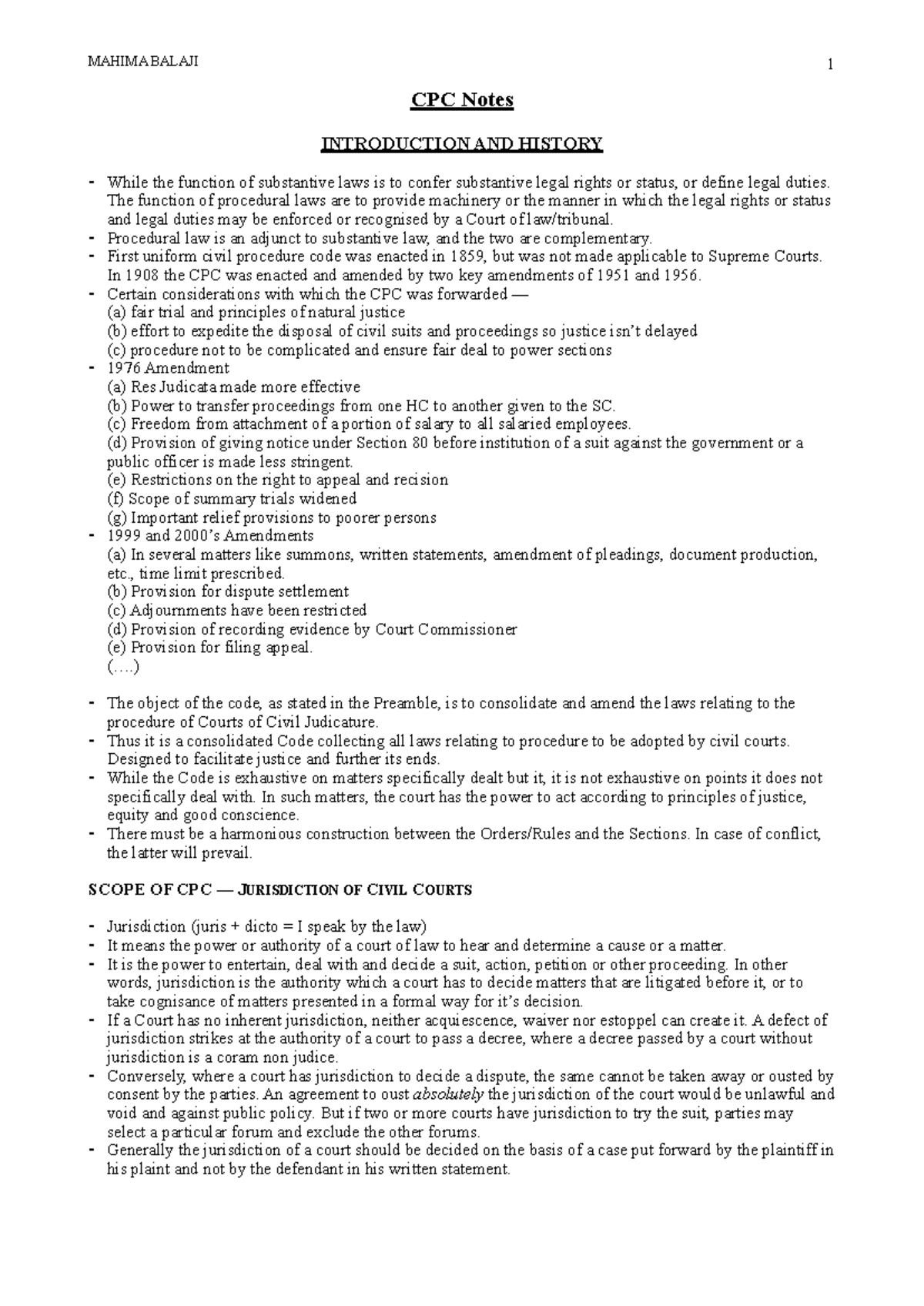 Mahima Balaji's CPC Notes - CPC Notes INTRODUCTION AND HISTORY - While ...