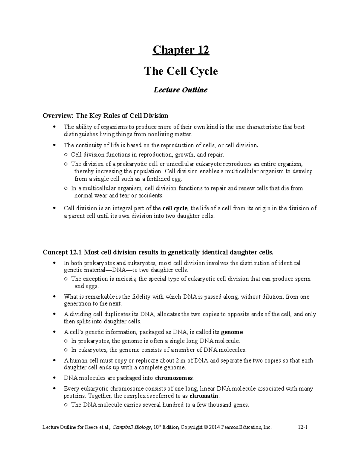 Reece 10e Lecture Ch12 - Chapter 12 The Cell Cycle Lecture Outline ...