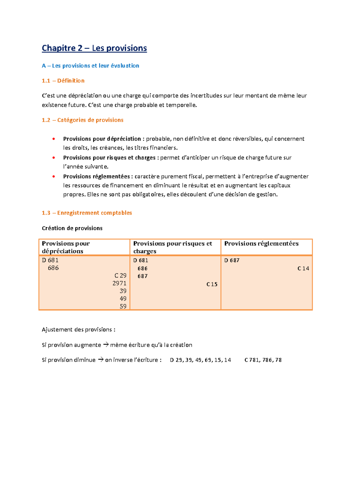 Comptabilité - Chapitre 2-1 - Chapitre 2 – Les provisions A – Les provisions et leur évaluation ...