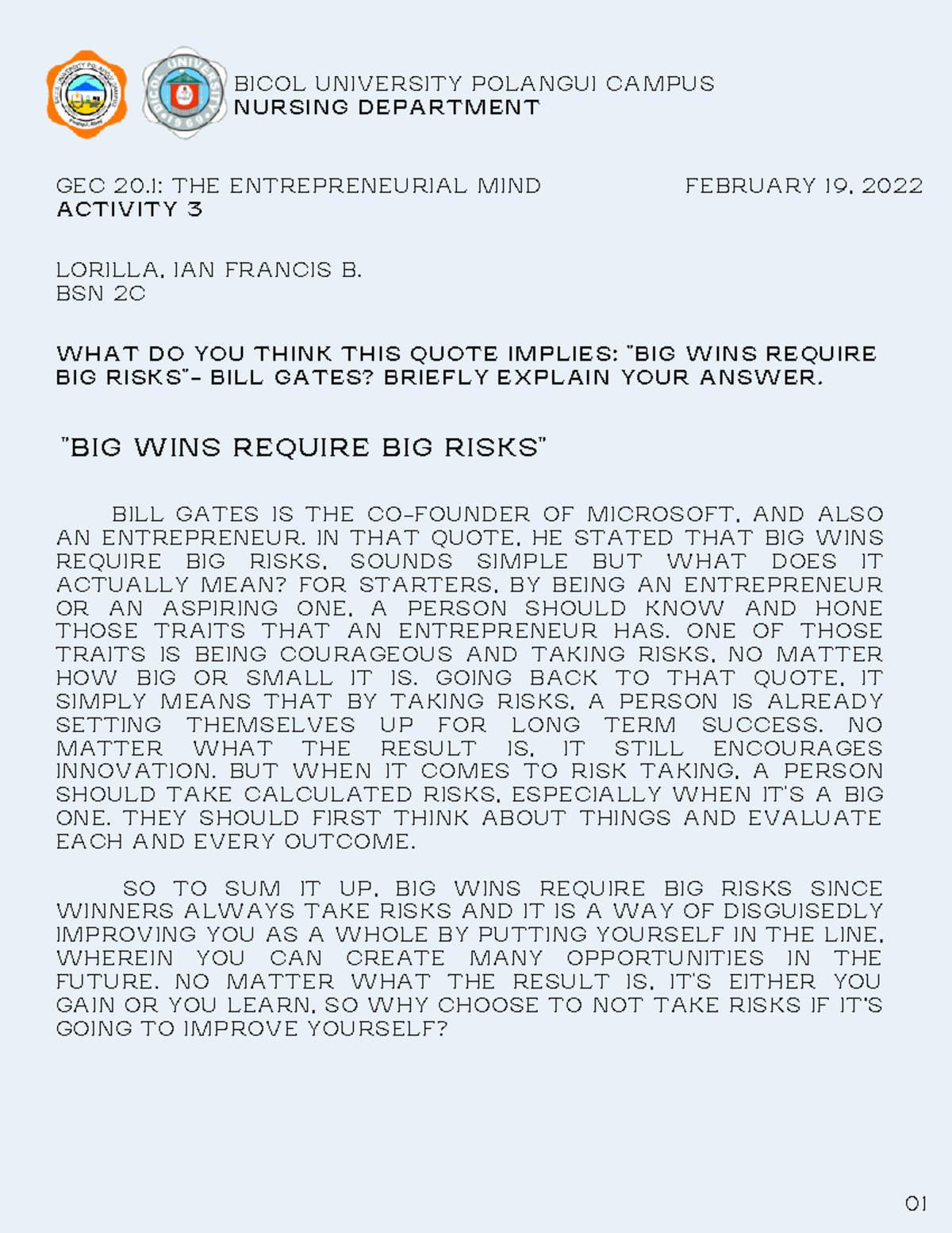 Lorilla BSN 2C Act3Entrep - BICOL UNIVERSITY POLANGUI CAMPUS NURSING ...