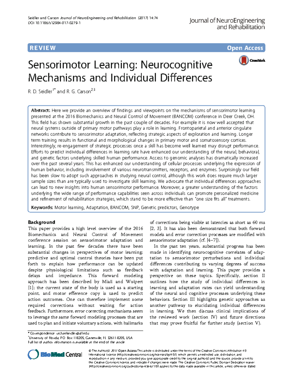 Aprendizaje sensoriomotor - R E V I E W Open Access Sensorimotor Learning: Neurocognitive ...