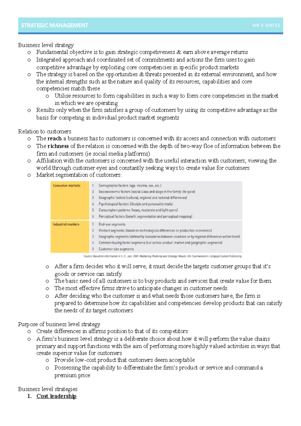 Strategic Management Wk 4 Notes: Business Level Strategy - STRATEGIC ...