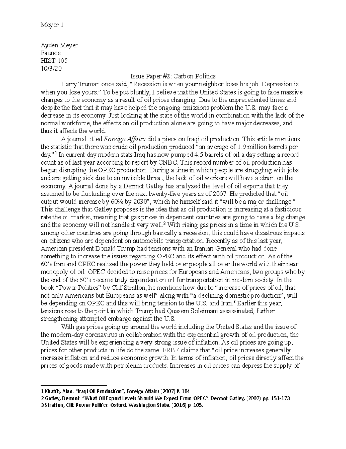 Issue Paper #2 Carbon Politics - Meyer 1 Ayden Meyer Faunce HIST 105 10 ...