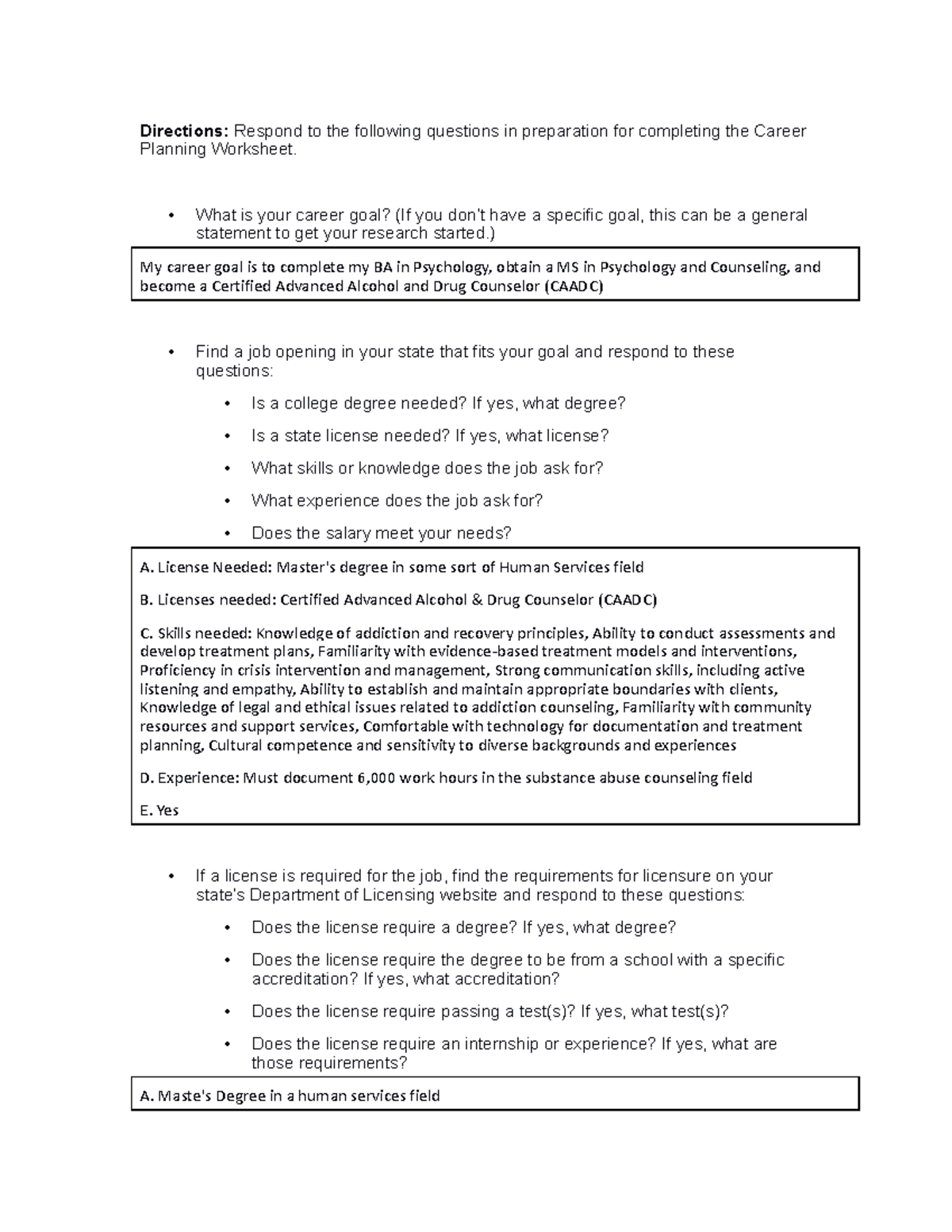 Completed cf Career Planning Worksheet - Directions: Respond to the ...
