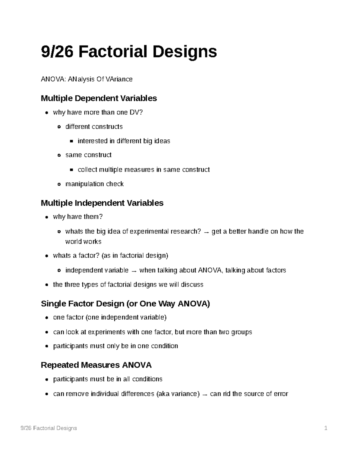 926 Factorial Designs - Dr. Stephen Blessing - 9/26 Factorial Designs 1 ...