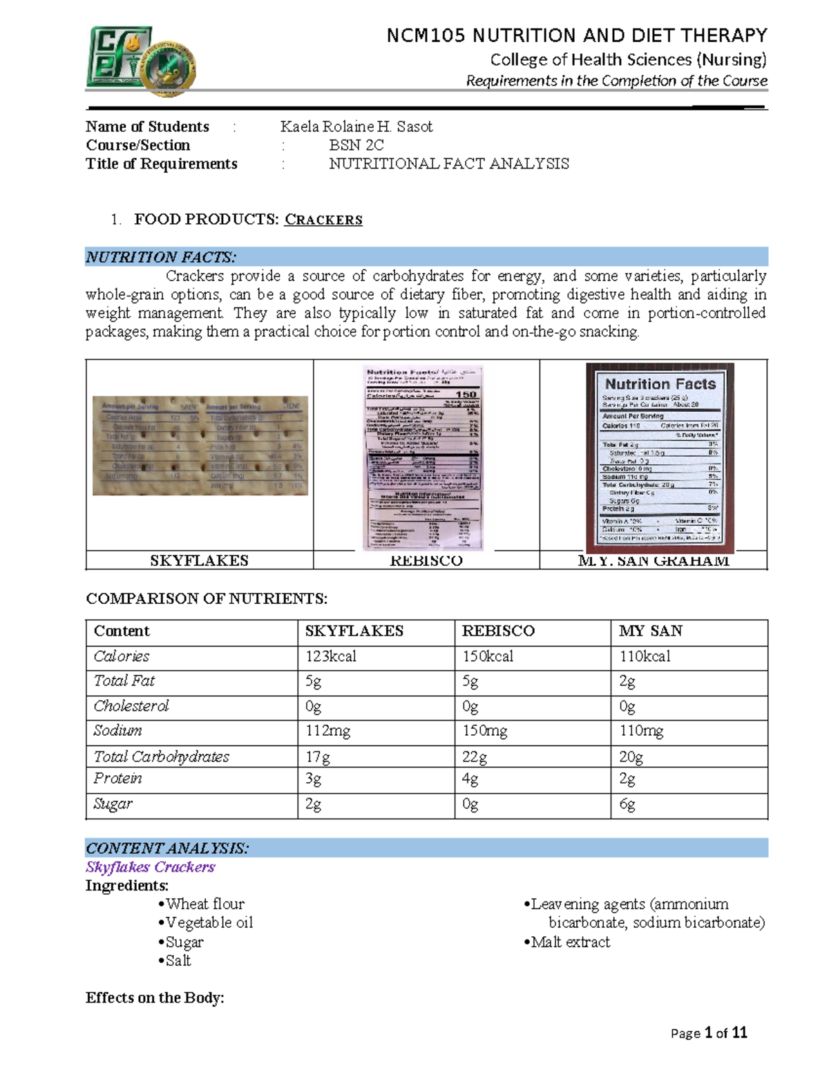 Nutritional Analysis - College of Health Sciences (Nursing ...