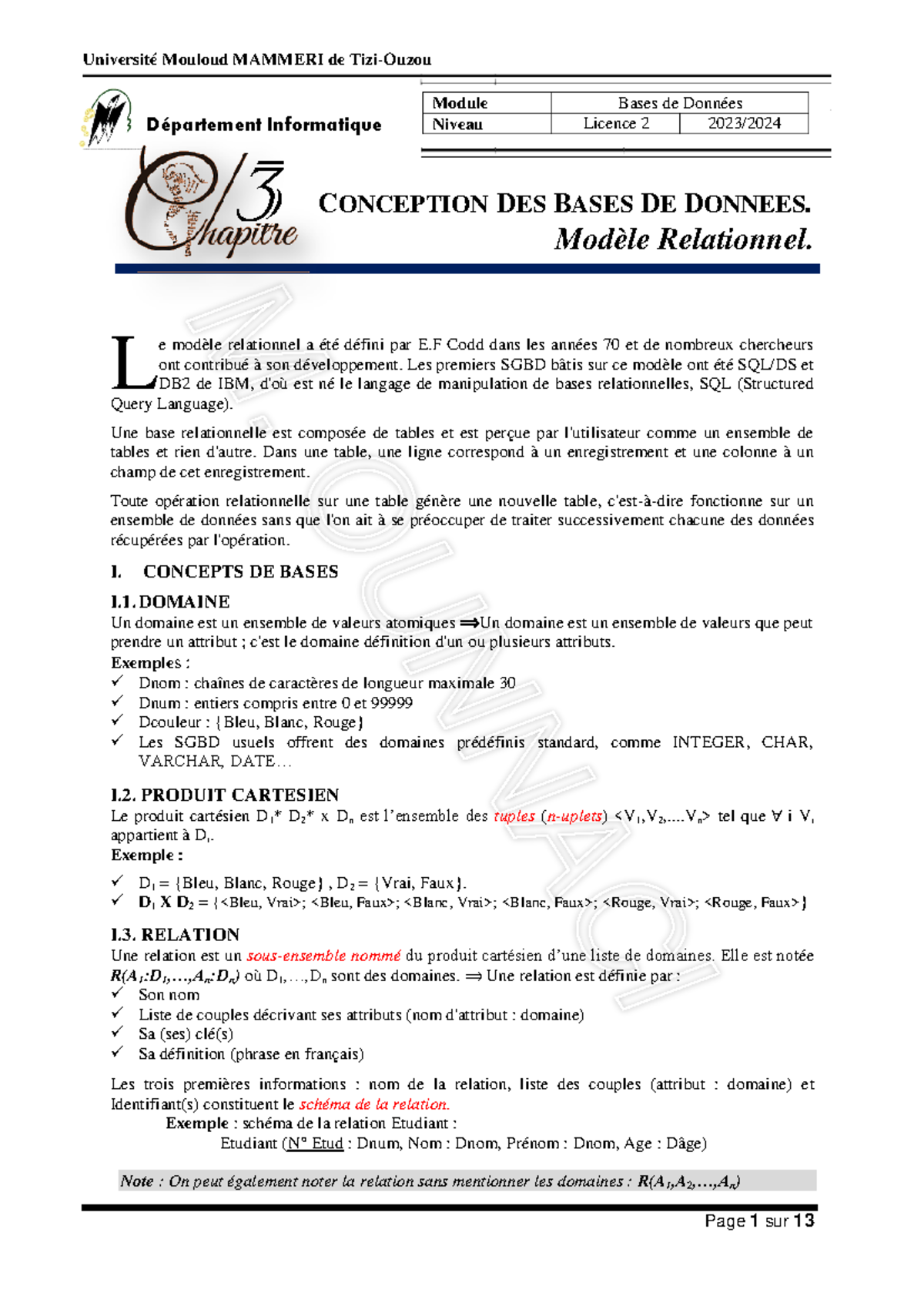 3- Chapitre 3 Mod A le Relationnel - Chapitre 3 : Le Modèle Relationnel CONCEPTION DES BASES DE ...