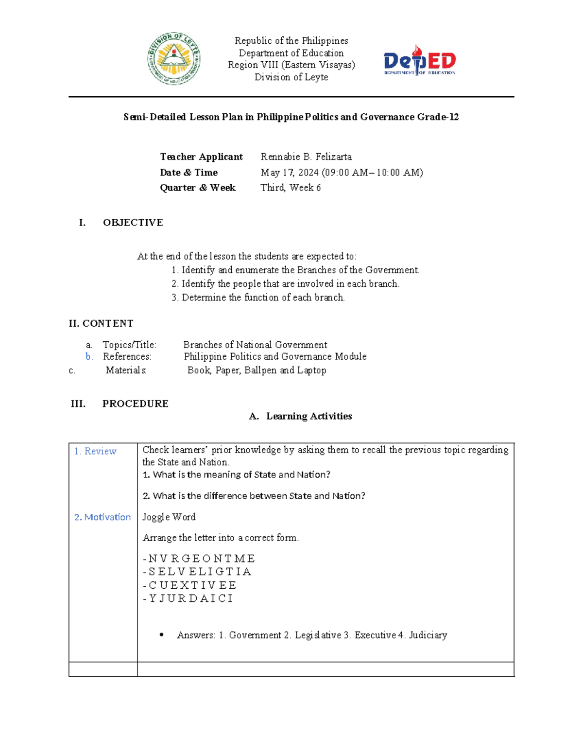 SHS Humms Semi-Detailed Lesson Plan - Republic of the Philippines ...