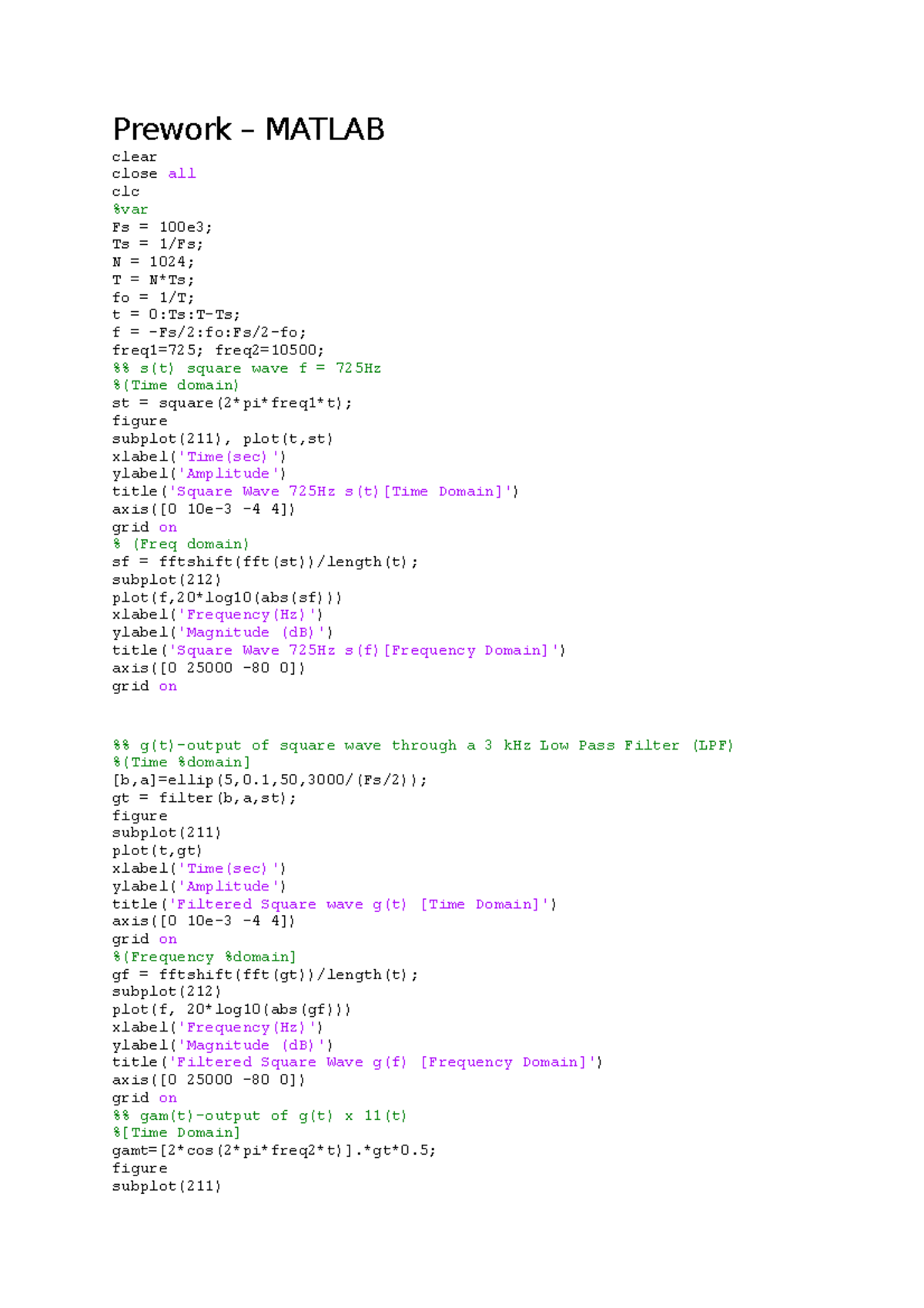 Prework - Matlab 3 - Prework – MATLAB clear close all clc %var Fs ...