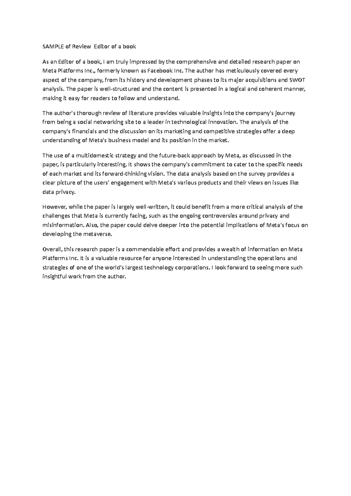 Review Editor process - SAMPLE of Review Editor of a book As an Editor ...