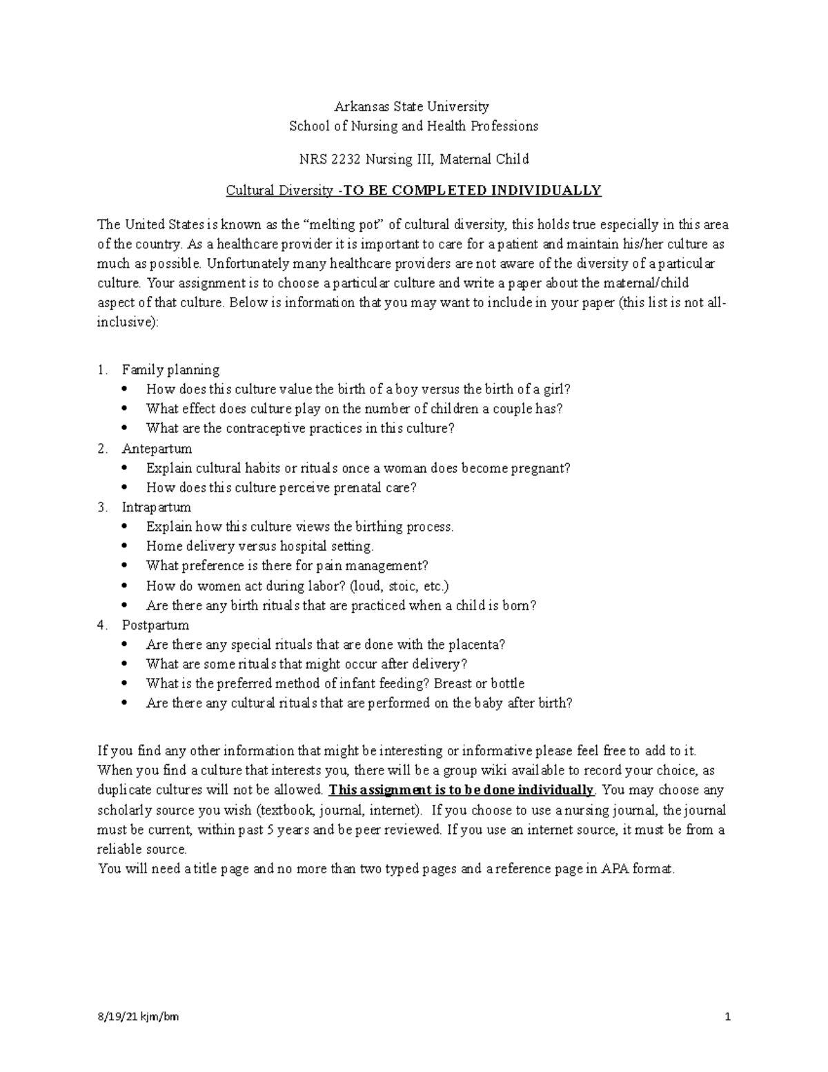 Cultural Diversity Assignment Fall 2021 - Arkansas State University ...