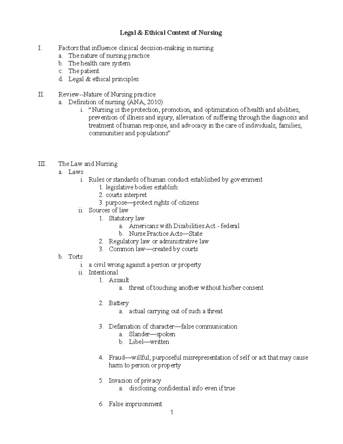 Legal and ethical context of nursing handout 2019 - Legal & Ethical ...