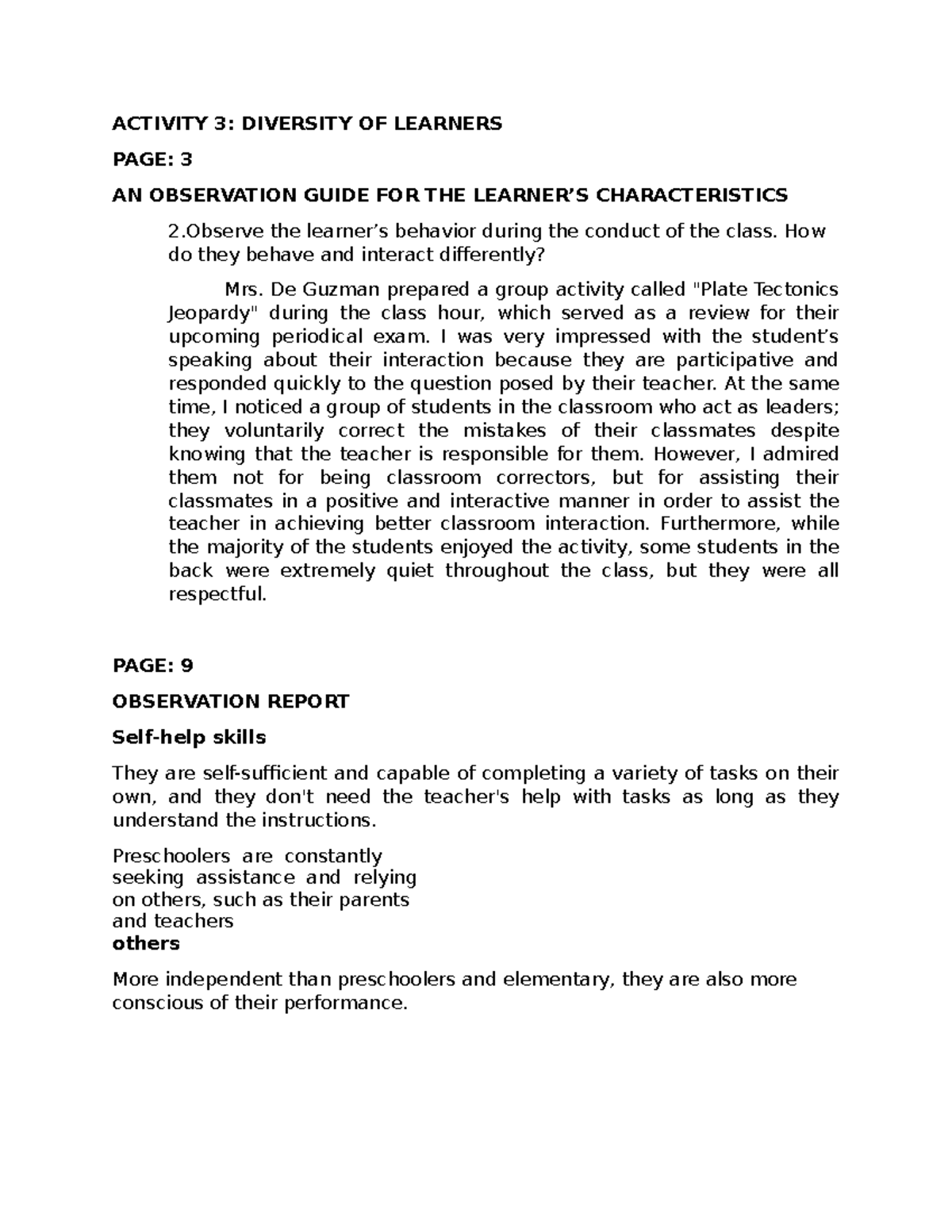 Activity 3 Diversity of Learners - ACTIVITY 3: DIVERSITY OF LEARNERS ...