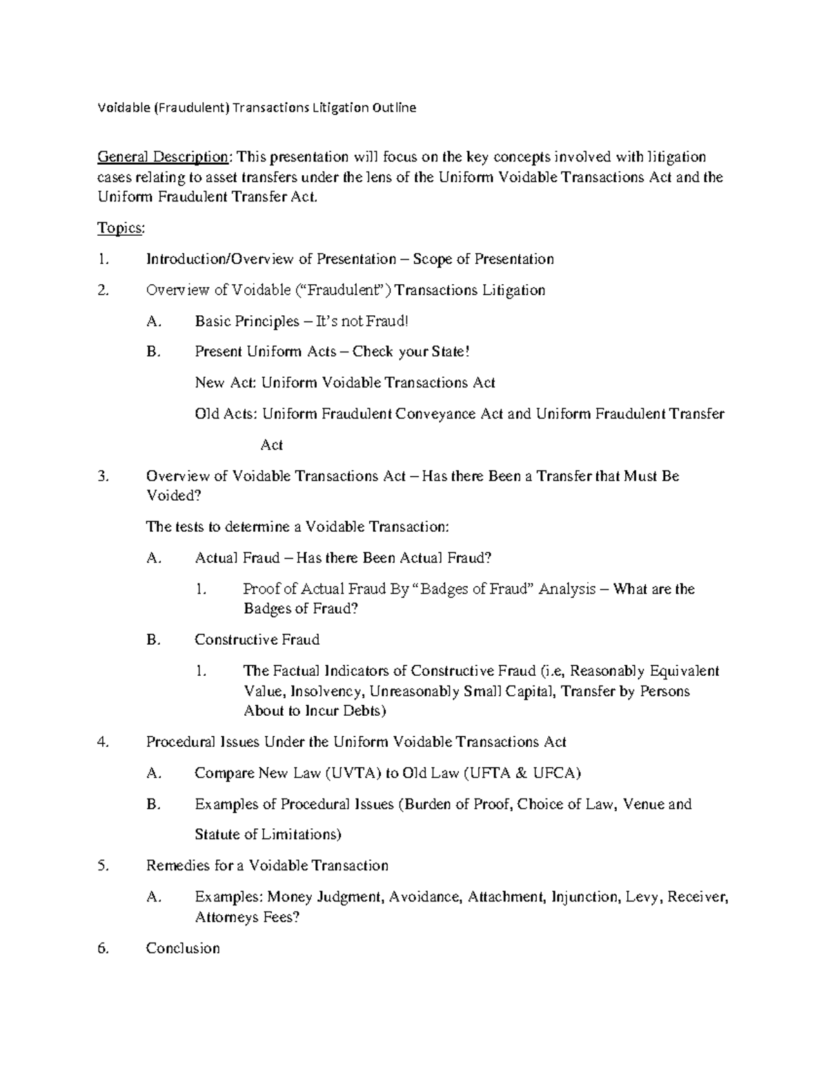 Fraudlent Transfers Outline 2020 - Voidable (Fraudulent) Transactions ...