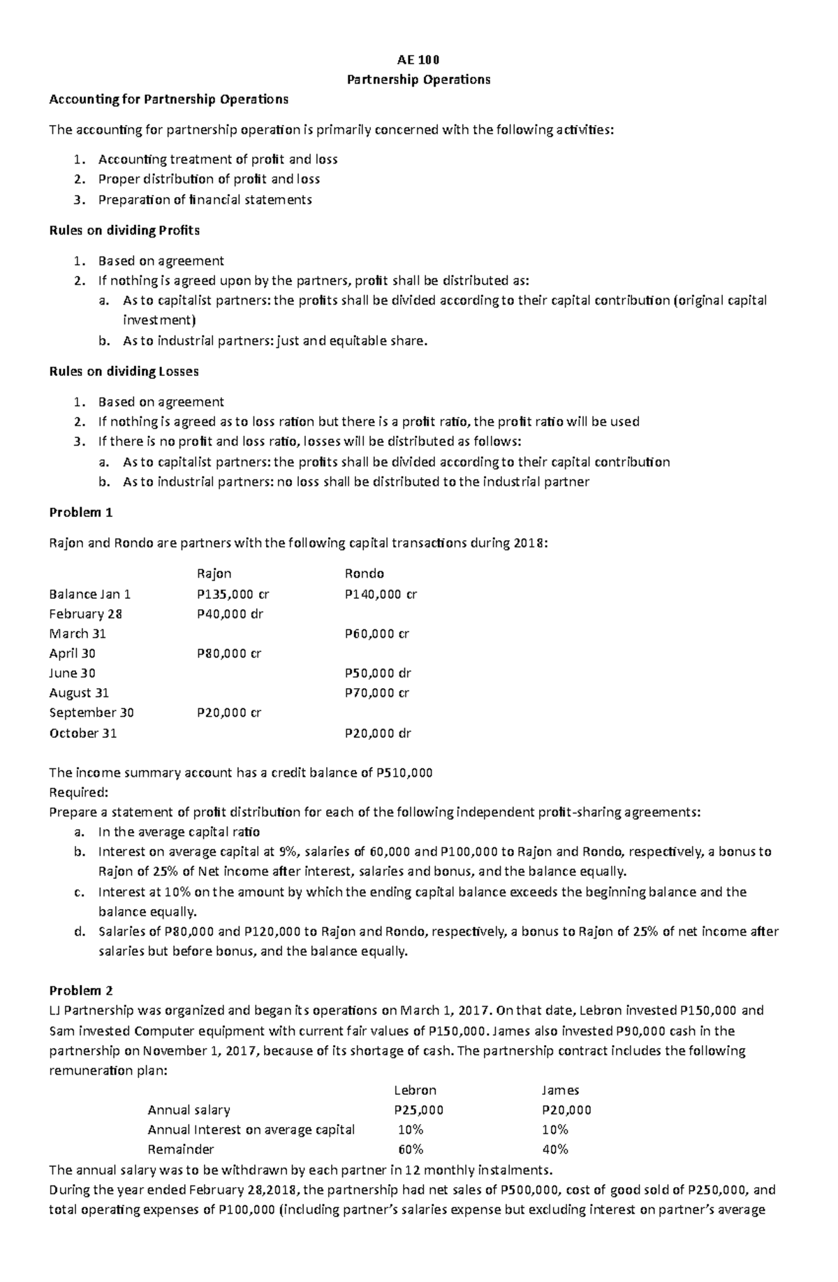 AE100 Partnership operations notes and sample problems - Introduction ...