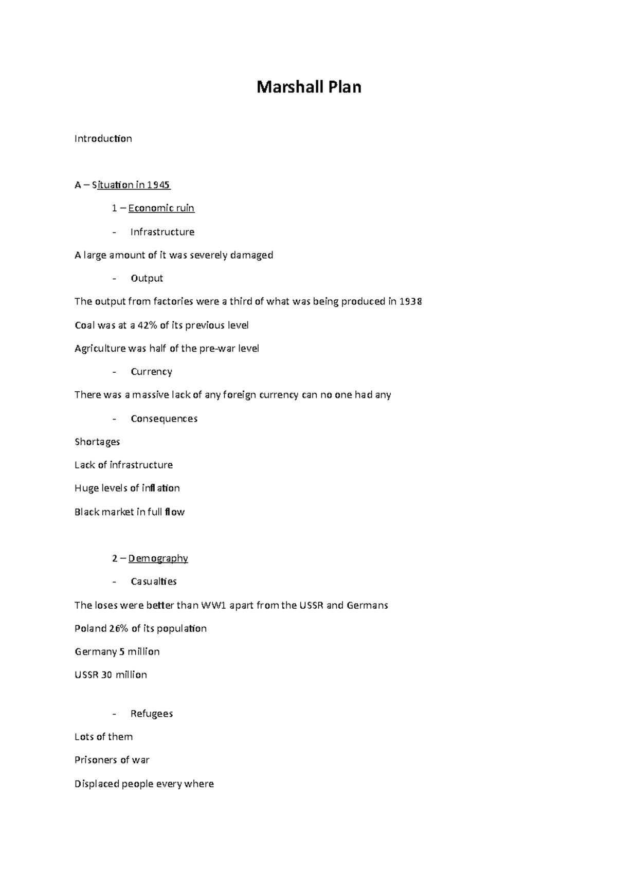 Marshall Plan-outline - Marshall Plan Introduction A – Situation in ...