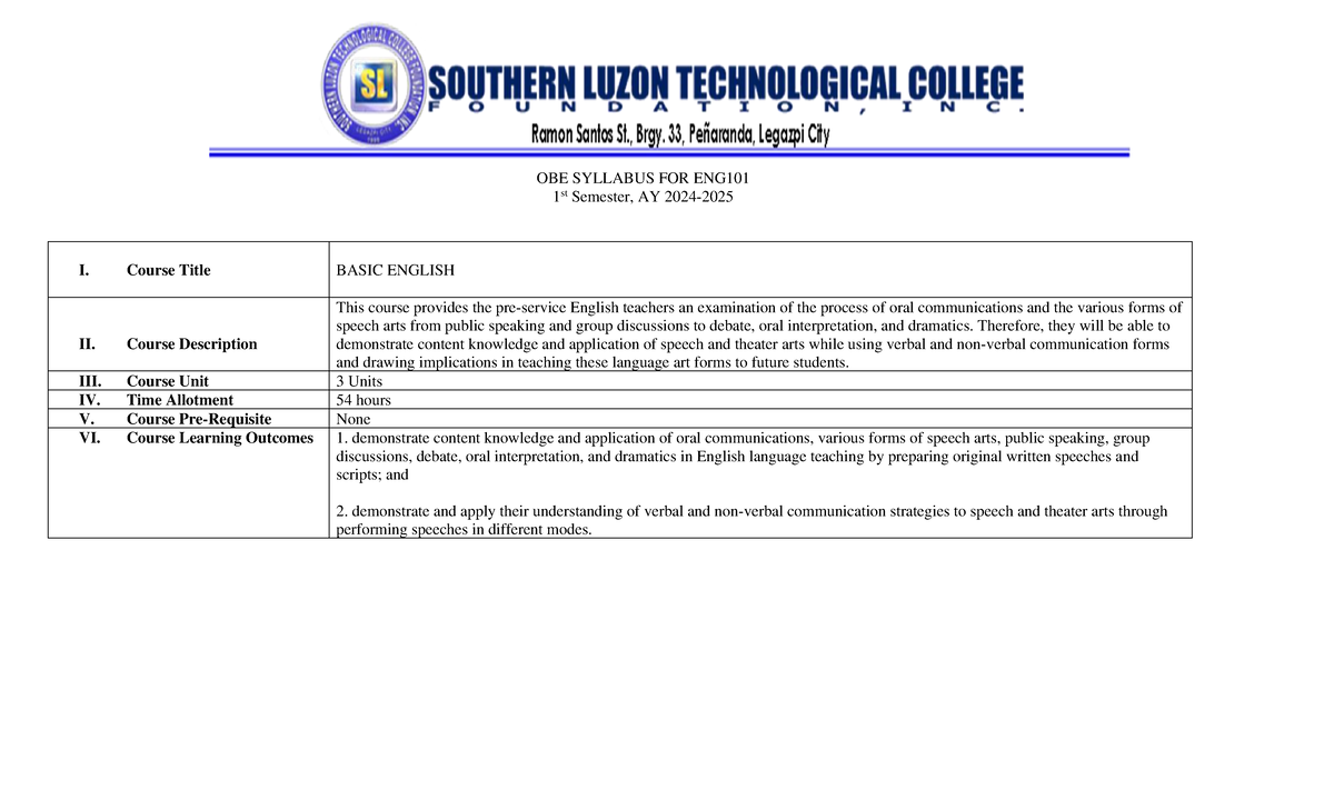 OBE Syllabus in ENG101-Basic English - OBE SYLLABUS FOR ENG 1 st ...