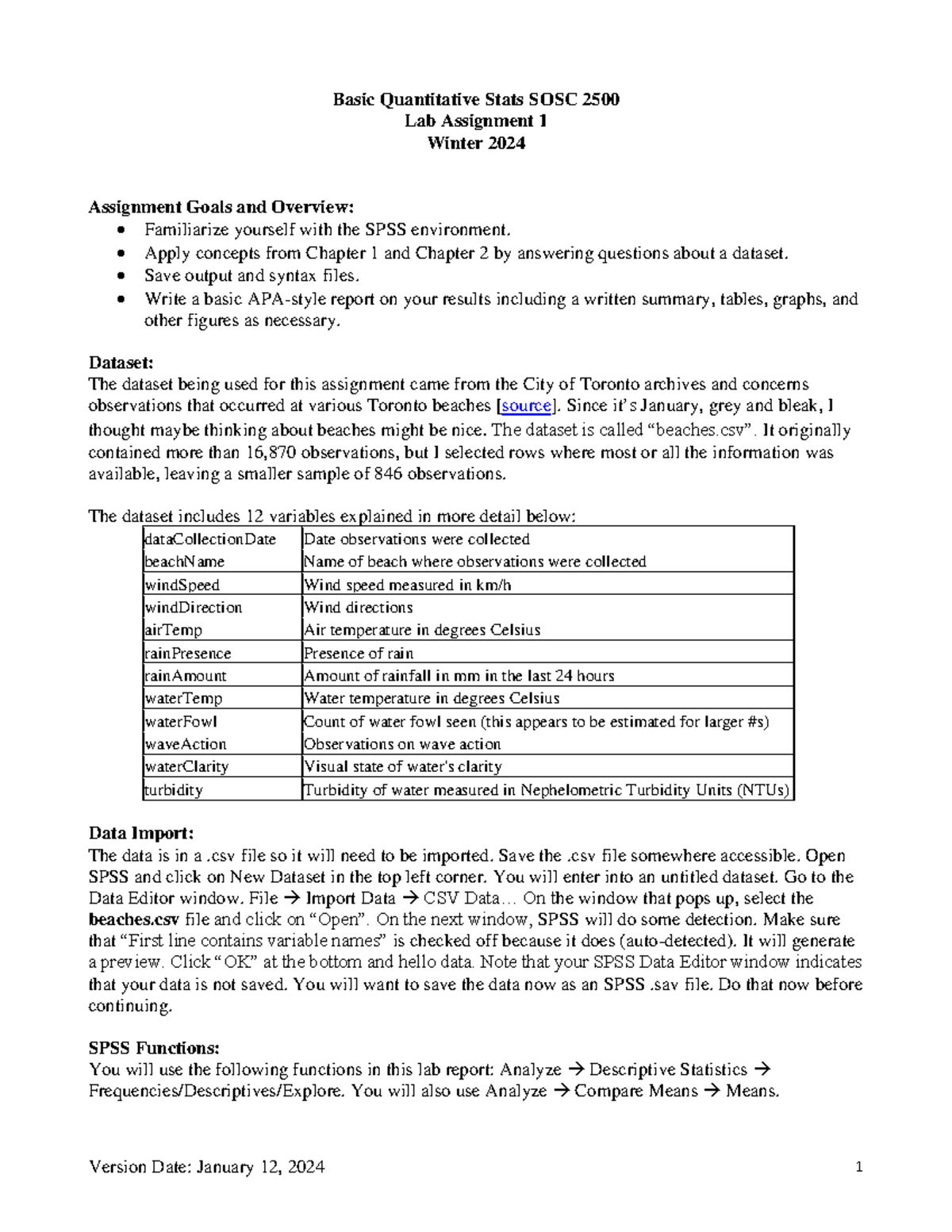 2024 - Lab 1 - Assignment - Basic Quantitative Stats SOSC 2500 Lab Assignment 1 Winter 2024 ...