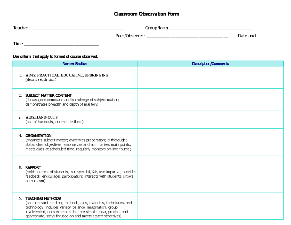 2 Classroom Observation Form - Classroom Observation Form Teacher ...