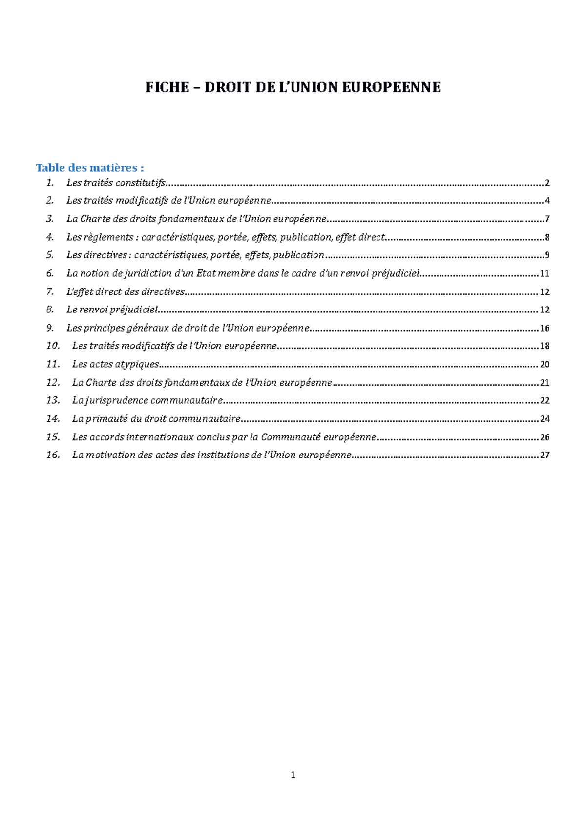 Fiche-Droit de l'UE - FICHE DROIT DE EUROPEENNE Table des : 1. Les ...