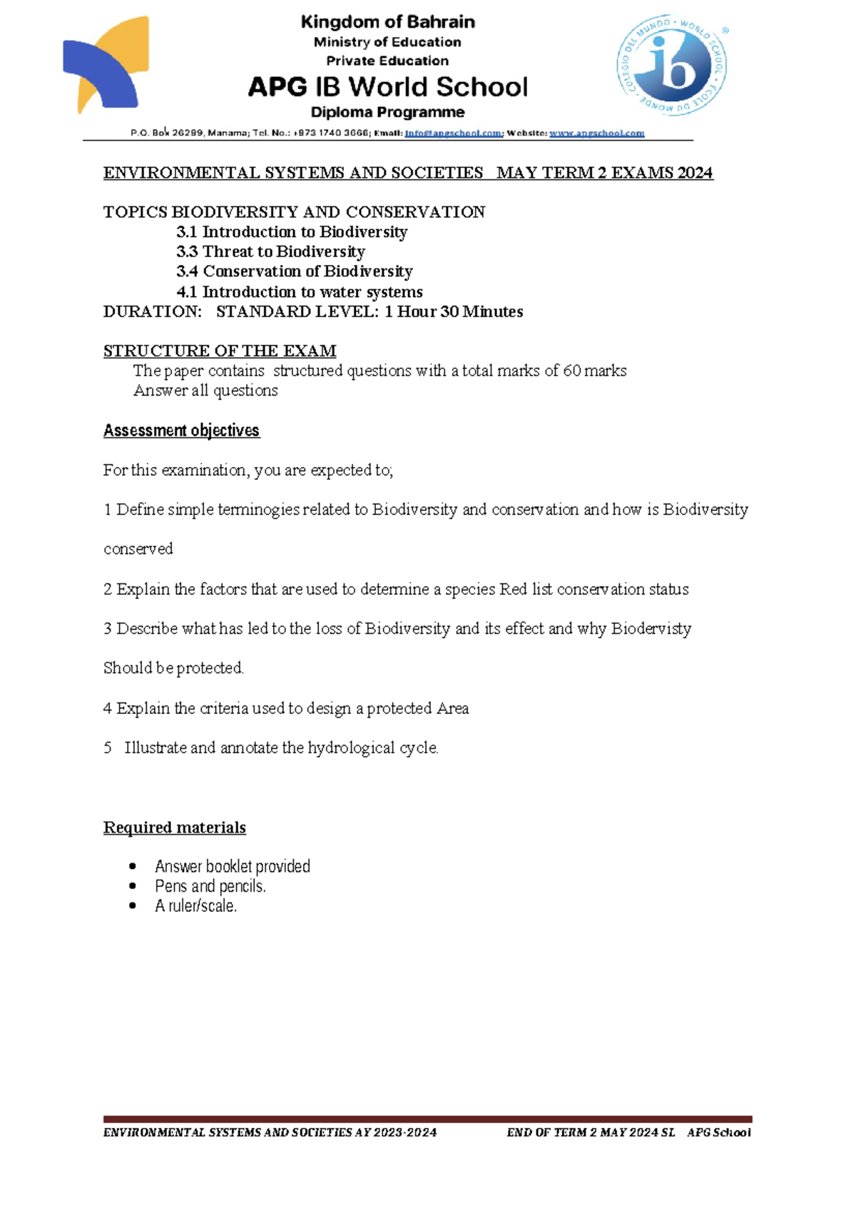 ESS EXAM PLAN END OF TERM 2 MAY Exams 2024 - ENVIRONMENTAL SYSTEMS AND ...