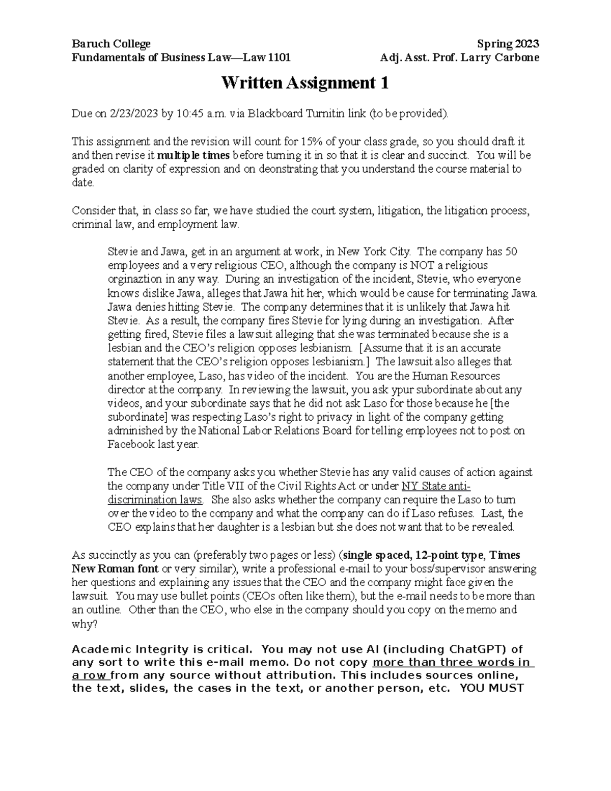 Assignment 1 (Sp 23) - n/a - Baruch College Spring 2023 Fundamentals of ...