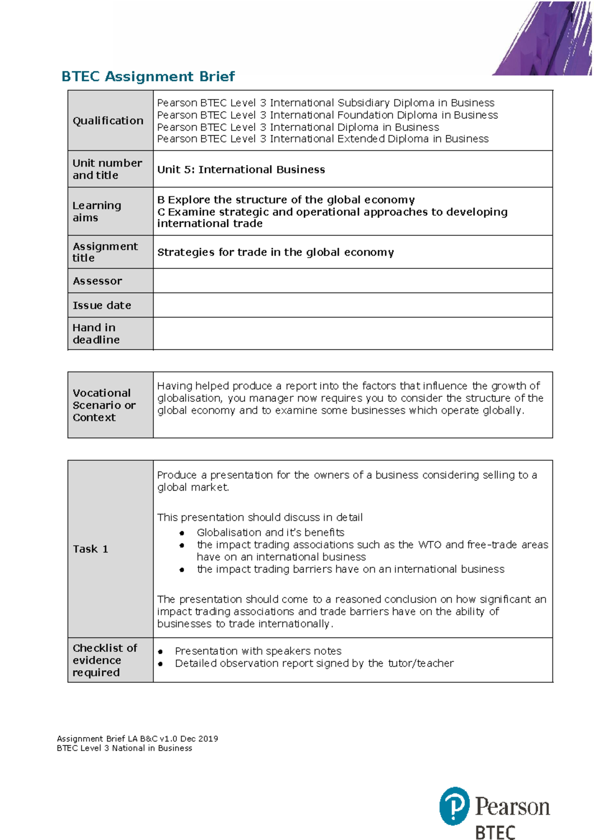 Unit 5 International Business AAB Learning Aims BC - BTEC Assignment Brief Qualification Pearson ...