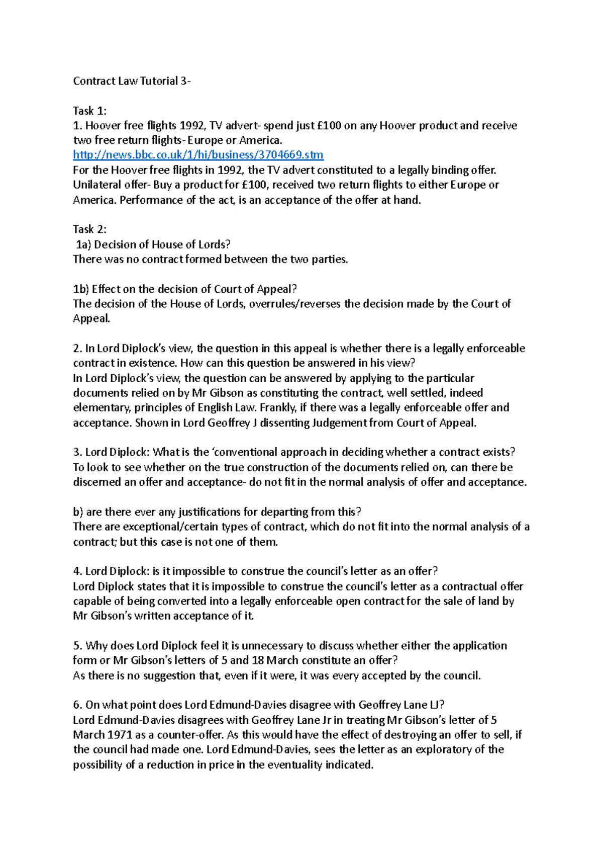 Contract Law Agreement - Contract Law Tutorial 3- Task 1: Hoover free ...