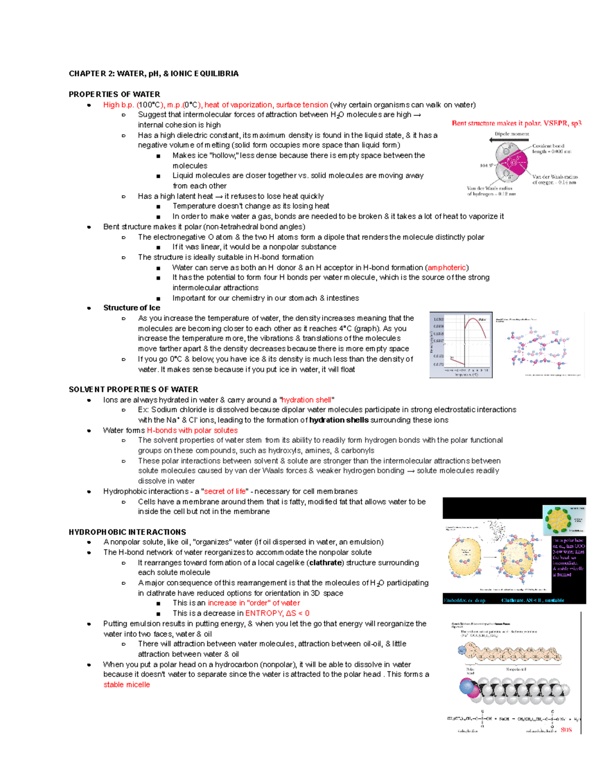 BCH 3033 Chp 2 Notes - CHAPTER 2: WATER, pH, & IONIC EQUILIBRIA ...