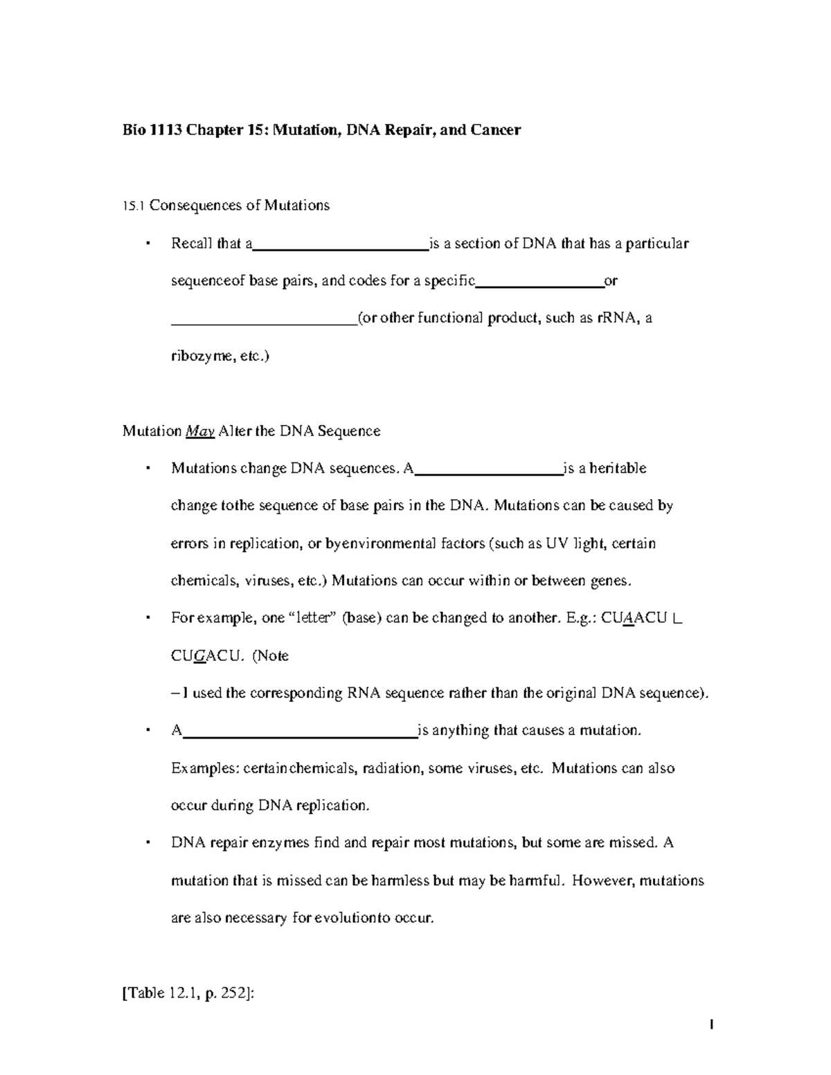 Bio 1113 Chapter 15 Mutation, DNA Repair, and Cancer - Bio 1113 Chapter ...