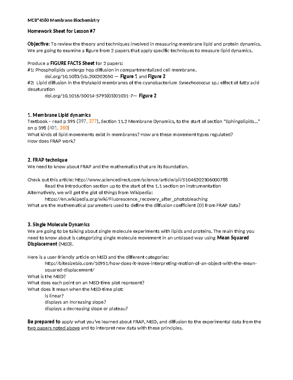 4580 Homework Sheet for Lesson #7 - MCB*4580 Membrane Biochemistry ...