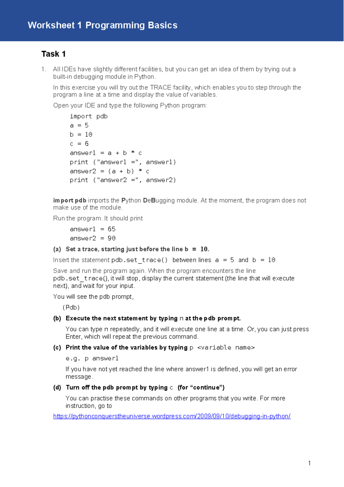 Programming Techniques Worksheet 1 - Worksheet 1 Programming Basics ...