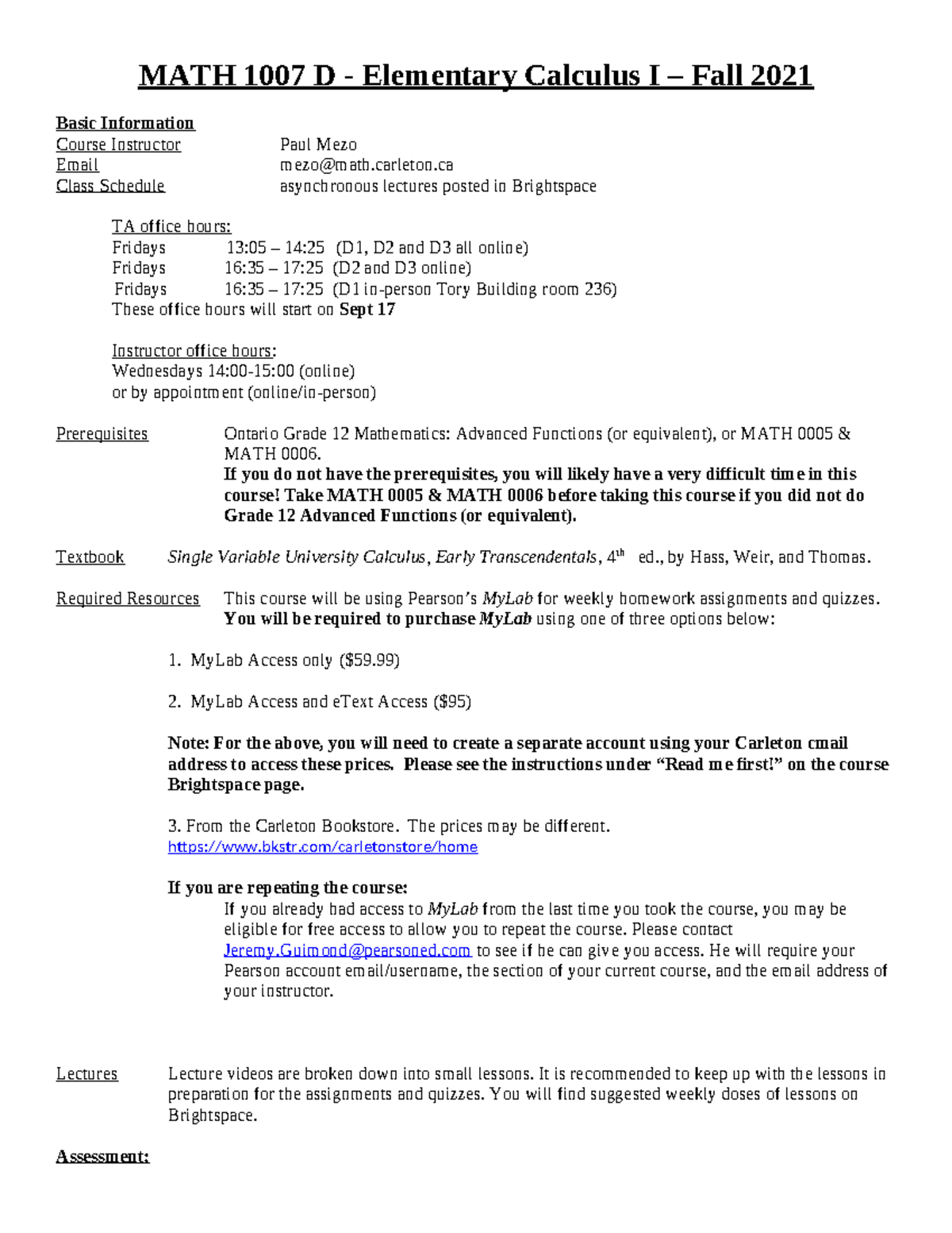 Course Outline MATH 1007D - MATH 1007 D - Elementary Calculus I – Fall ...