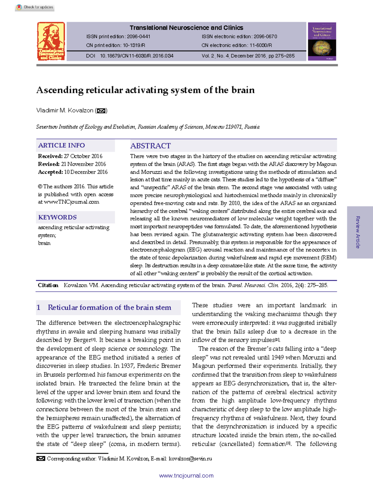 Kovalzon 2016 ascending reticular activating system of the brain ...