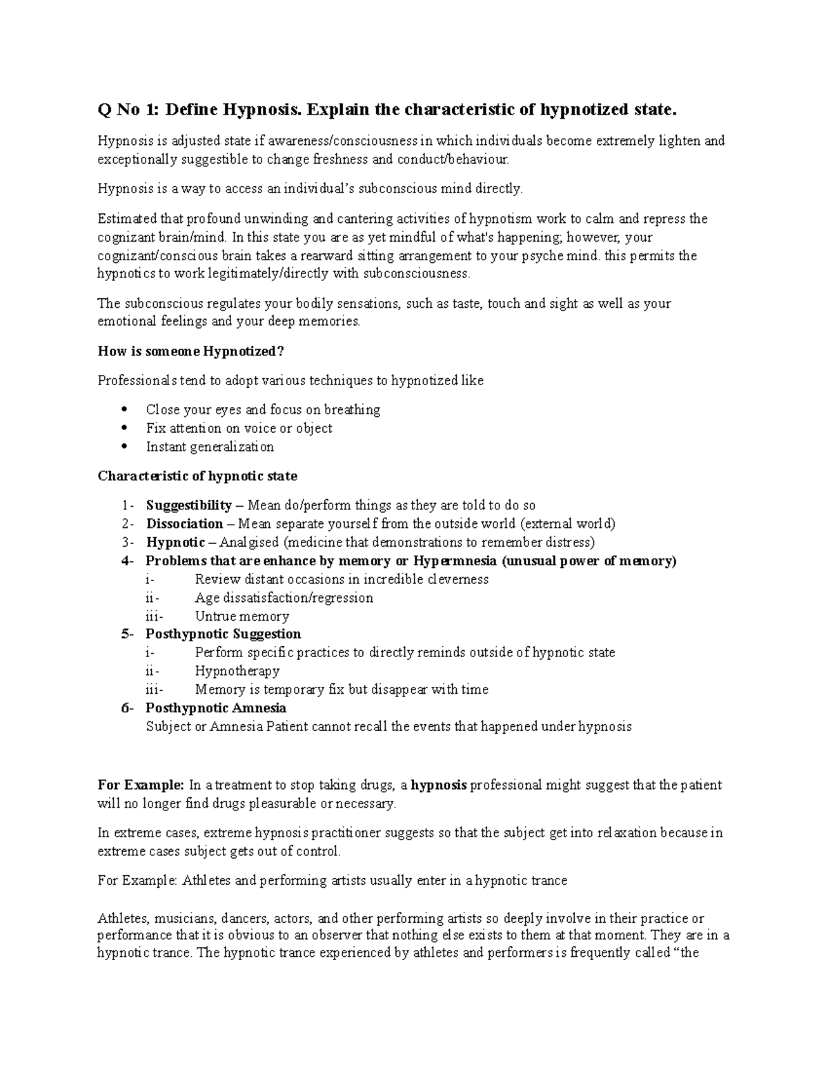 Perception - Define Hypnosis. Explain the characteristic of hypnotized ...