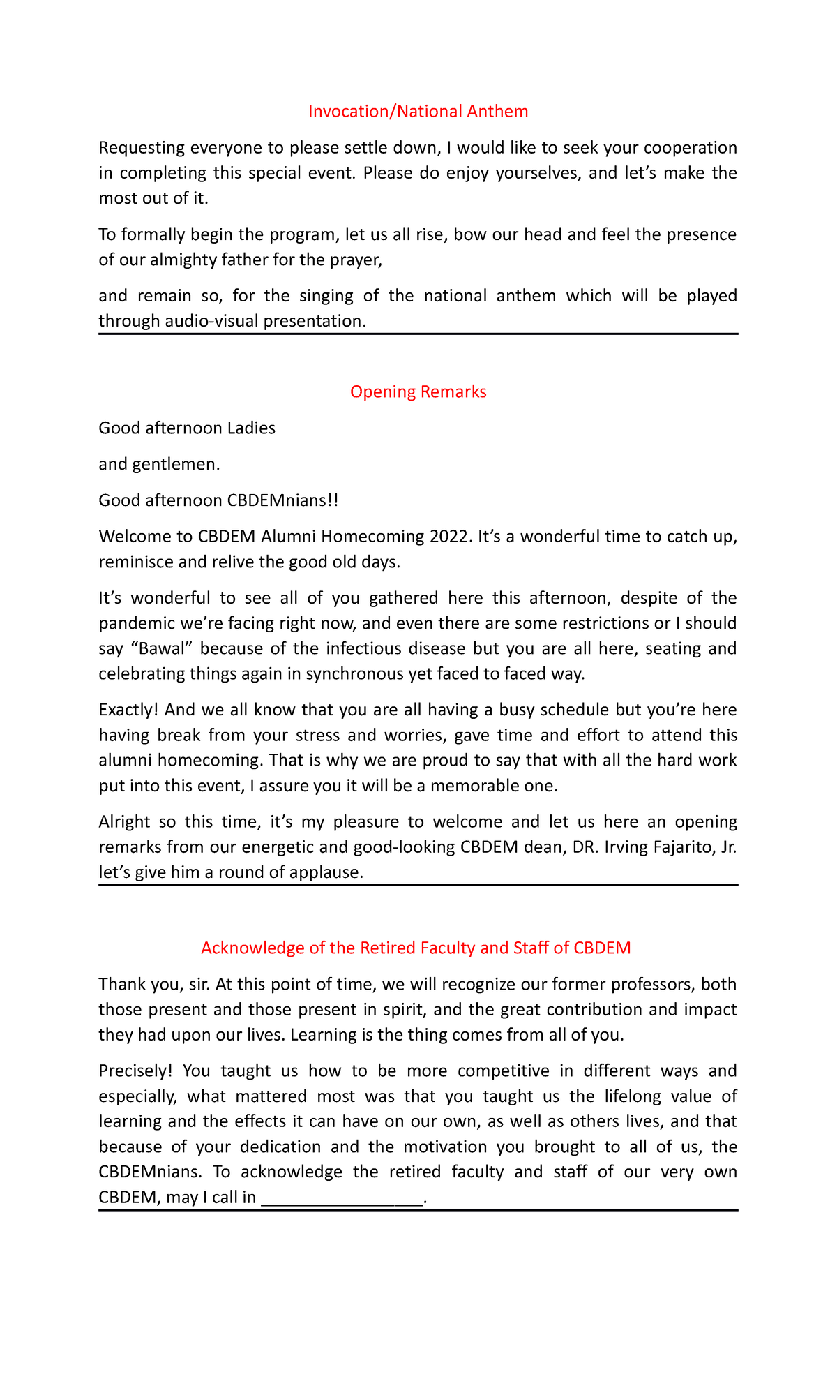 Script for Alumni - None - Invocation/National Anthem Requesting ...