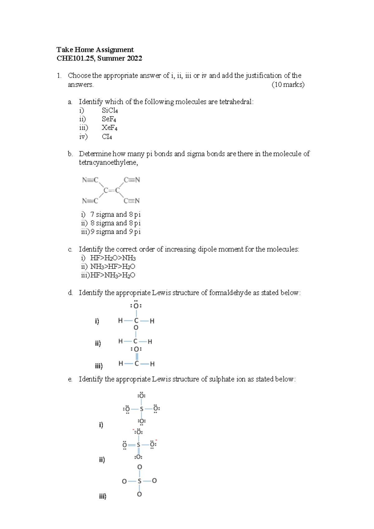 CHE101.25.Take Home Assignment Summer 2022 - Take Home Assignment ...