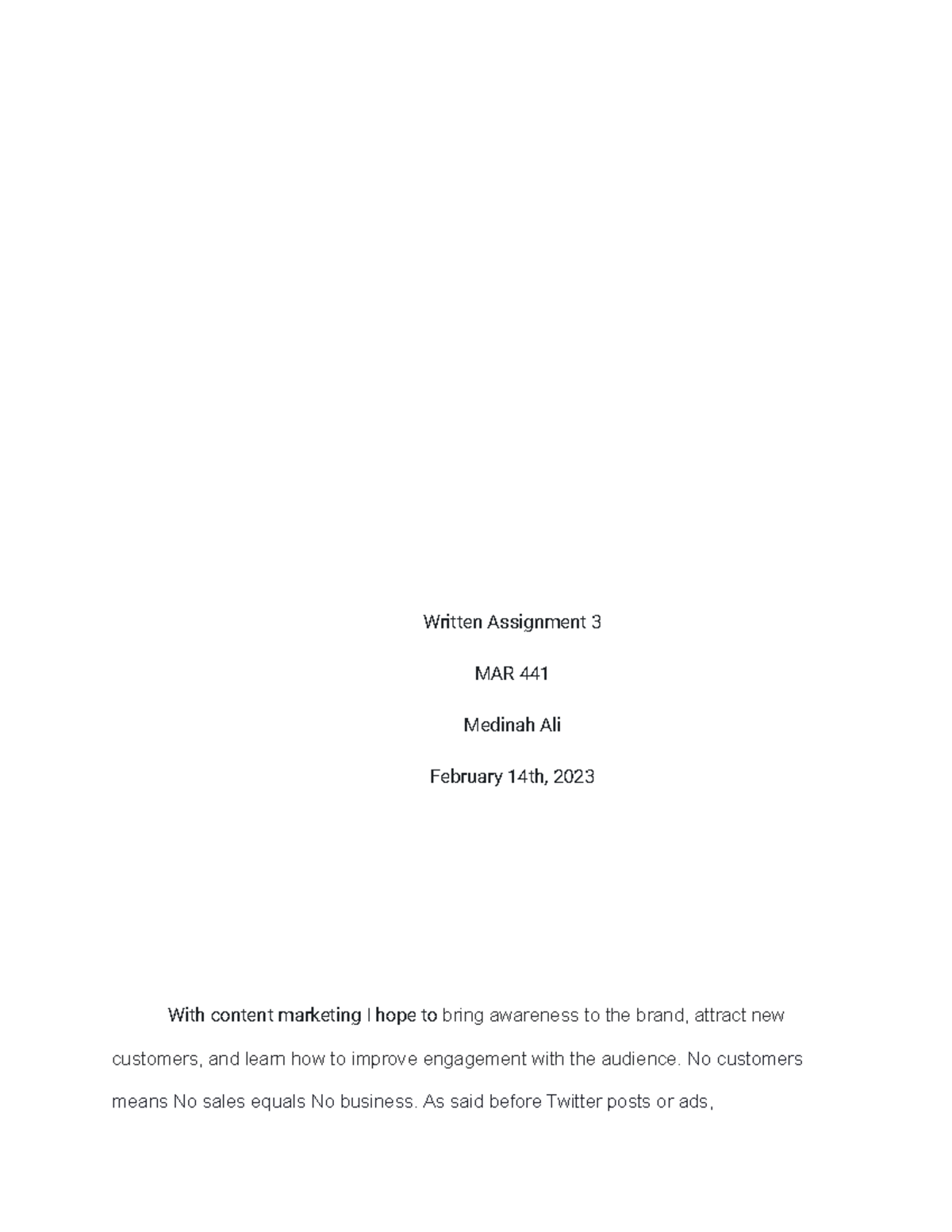 MAR 441 - Written Assignment 3 - Written Assignment 3 MAR 441 Medinah ...
