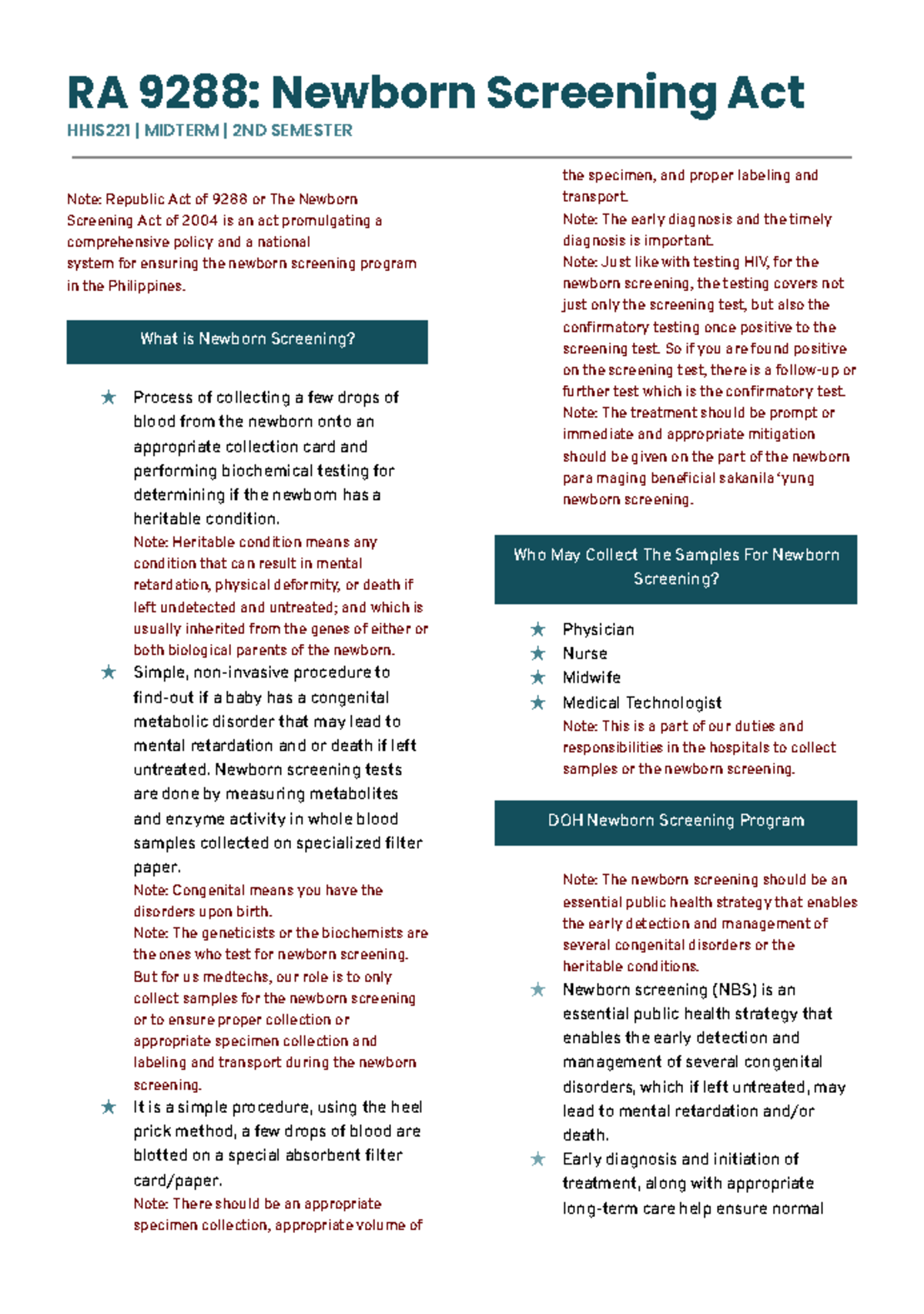 RA 9288 Newborn Screening Act - HHIS221 | MIDTERM | 2ND SEMESTER Note ...